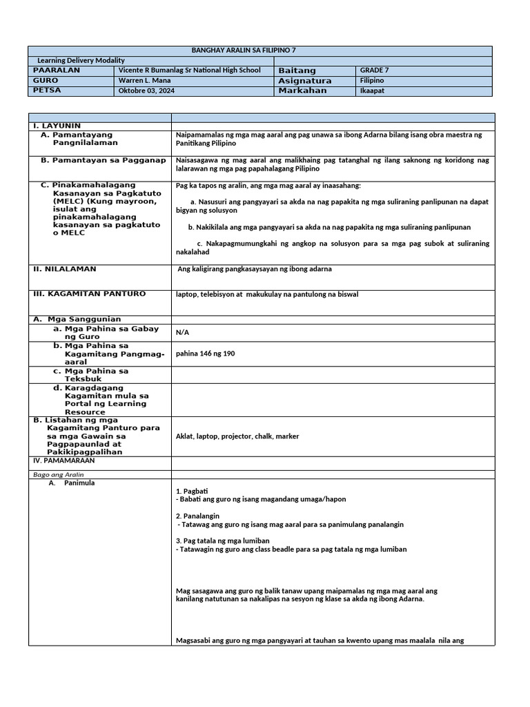 Semi Detailed Lesson Plan - Filipino | PDF