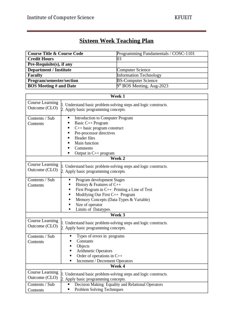 16 Week Teaching Plan PF | PDF | Parameter (Computer Programming) | Control Flow