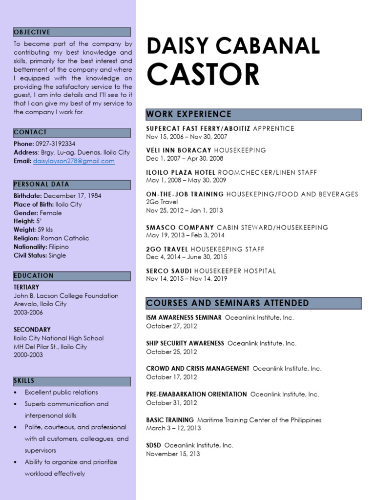 Daisy Castor's Professional Resume | PDF | Wellness