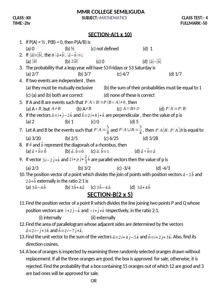 Math Exam Term2 12th 2024 | PDF | Euclidean Vector | Mathematics