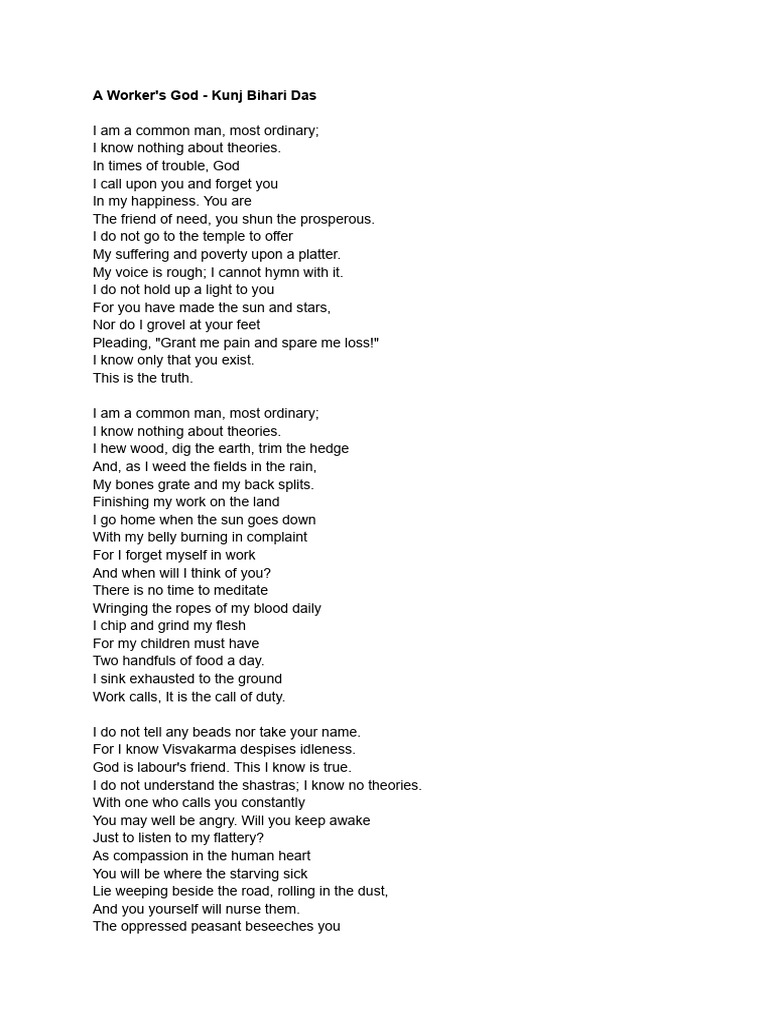 Worker's God - Kunj Bihari Das | PDF | Poetry