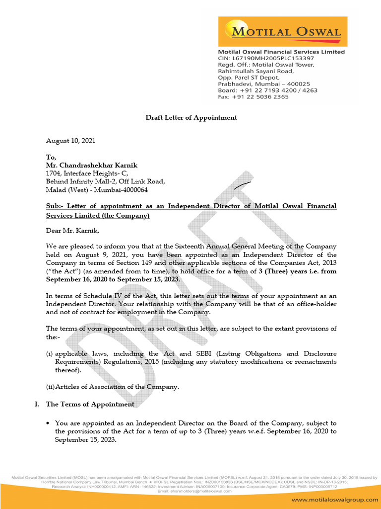 Mosl Join Latter | PDF | Board Of Directors | Evaluation
