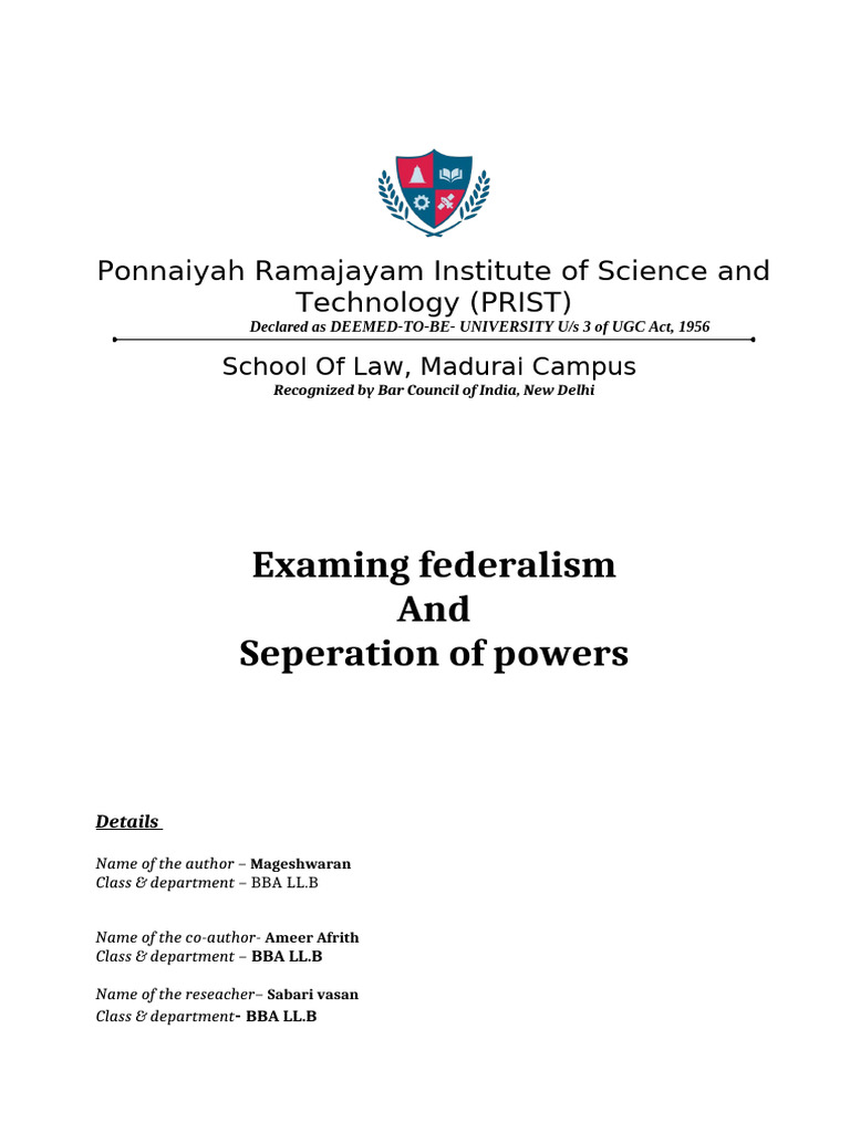 Federalism and Separation of Powers Explained | PDF | Separation Of ...