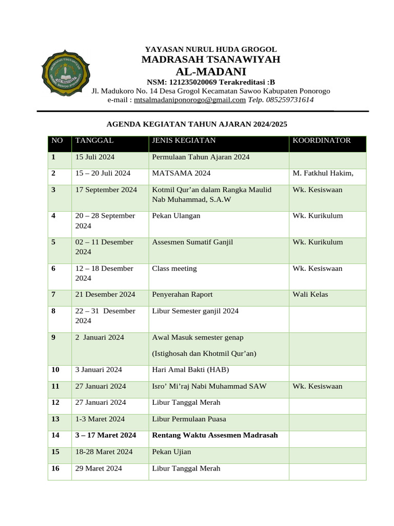 Agenda Kegiatan Tahun Ajaran 2024/2025 | PDF