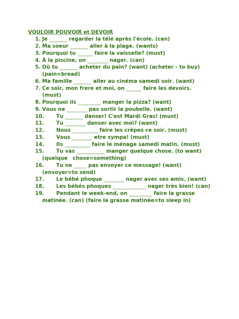 Exercices sur Vouloir, Pouvoir, Devoir | PDF