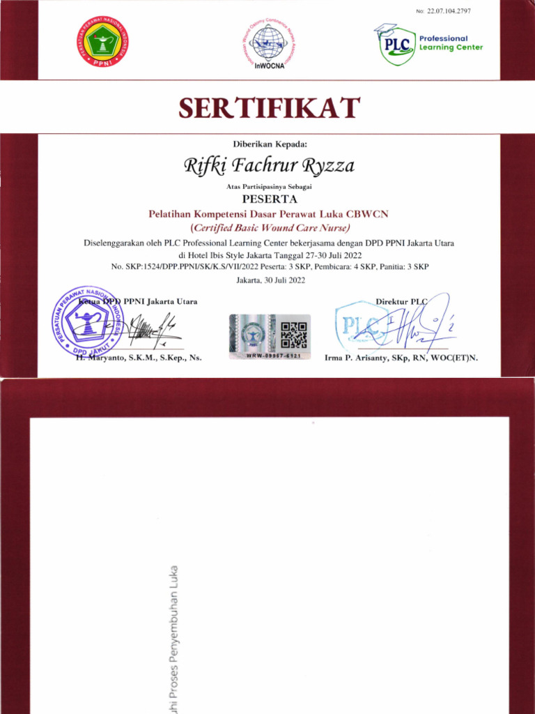 Sertifikat CBWCN Perawatan Luka - Rifki Facrur Ryzza | PDF