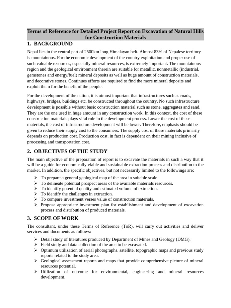 TOR_DPR of excavation of construction materials | PDF | Mining | Risk