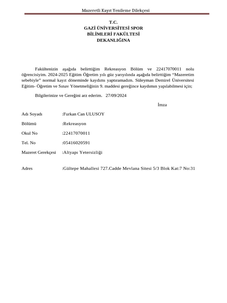 Mazeretli Kayit Yenileme Formu 18042019 | PDF