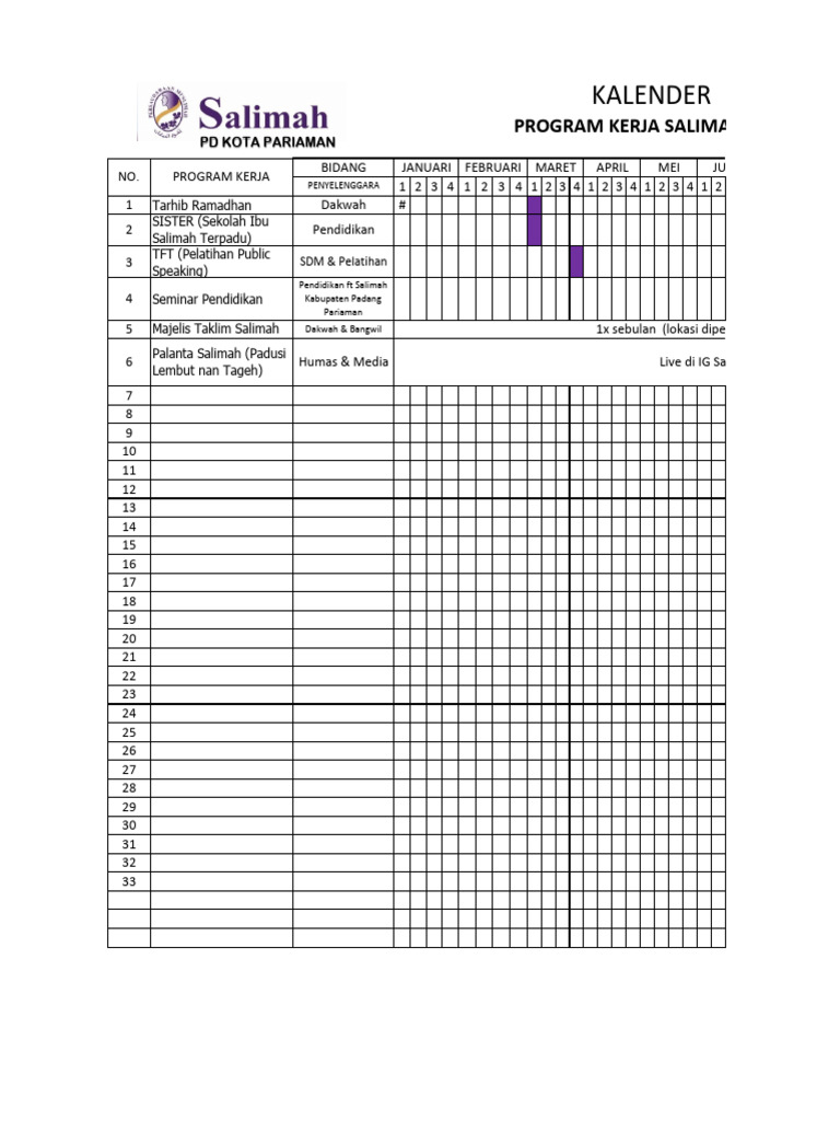 Kalender Proker Salimah PD Kota Pariaman Tahun 2024 | PDF