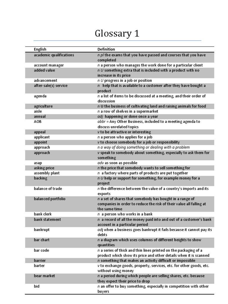 Business English Vocabulary Glossary 1 | PDF | Employment | Sales