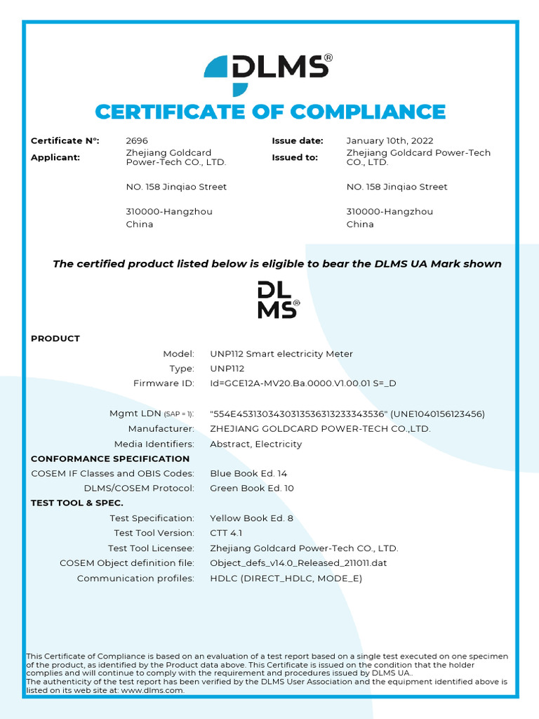 UNP112 Meter Compliance Certificate | PDF | Computer Standards | Computing