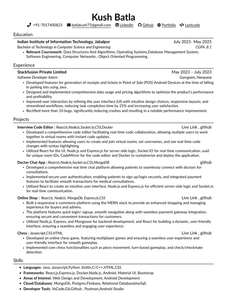 Kush Batla Resume | PDF | Computer Science | Software Development