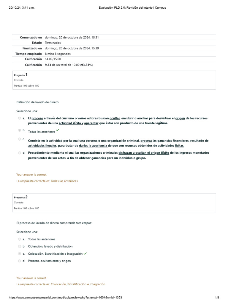 Evaluación PLD 2.0 - Revisión Del Intento - Campus | PDF | Lavado de dinero | Bancos