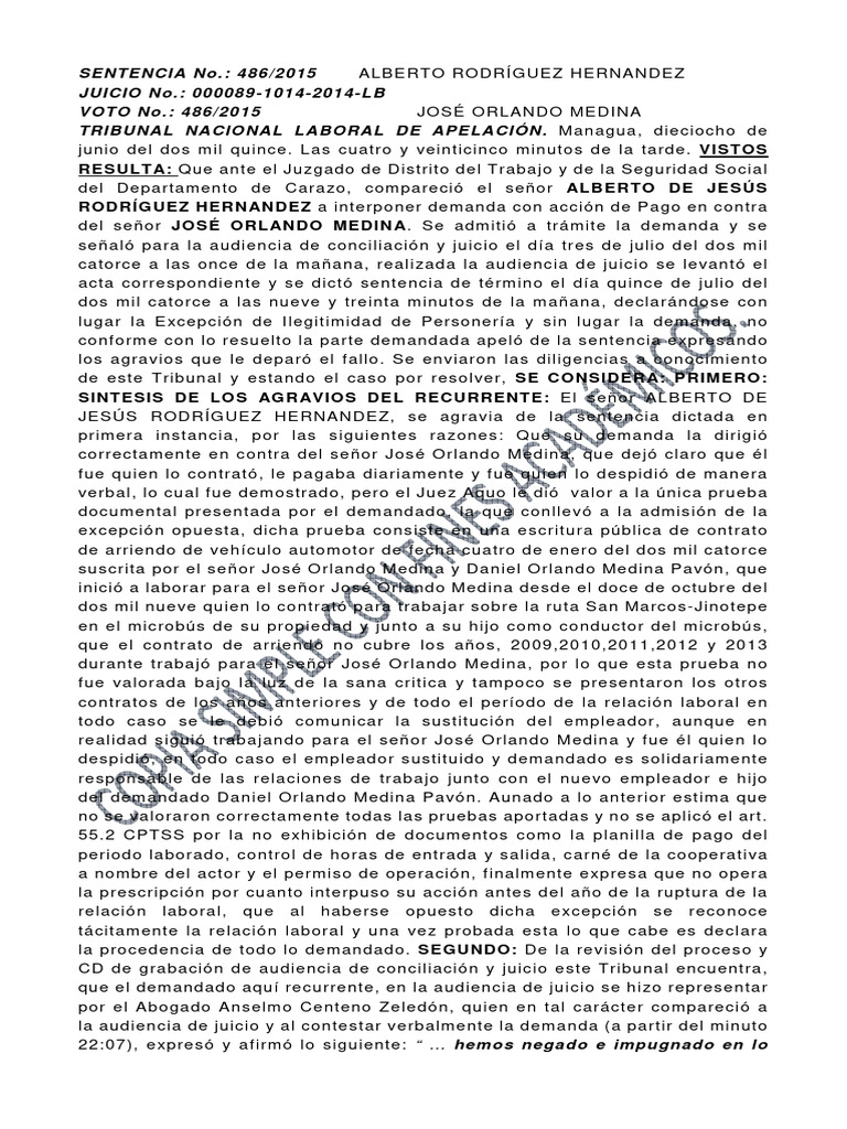 Sentencia TNLA No. 486-2015. | PDF | Derecho laboral | Sentencia (ley)