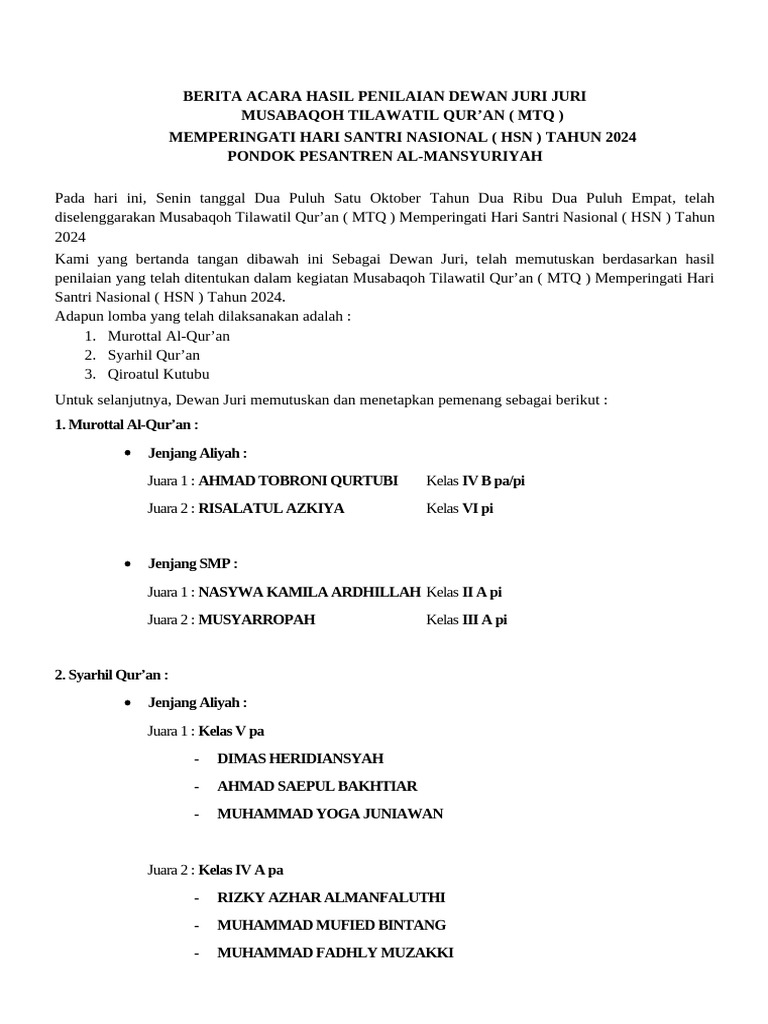 Ba Keputusan Lomba HSN 2024 | PDF