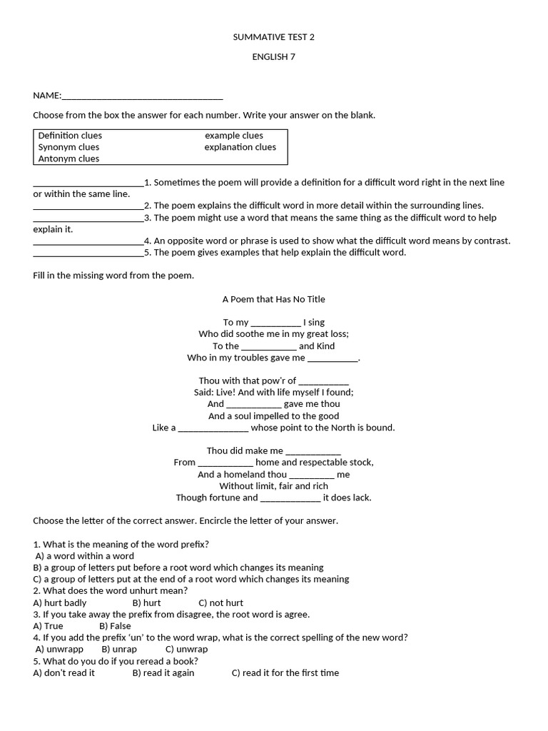 SUMMATIVE TEST 2 Eng 7 | PDF | Lexicology | Grammar