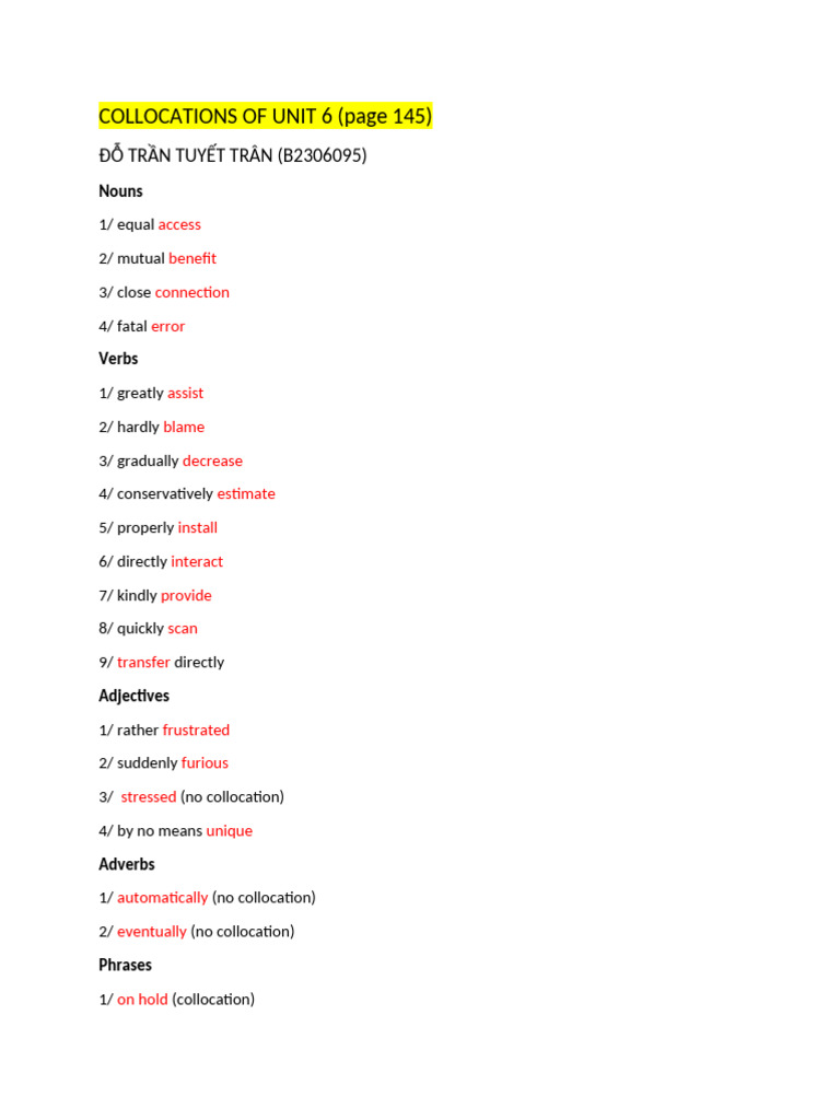 Collocations of Unit 6 | PDF