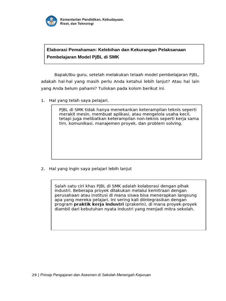 Kelebihan Dan Kekurangan Pelaksanaan Pembelajaran Model PJBL Di SMK | PDF
