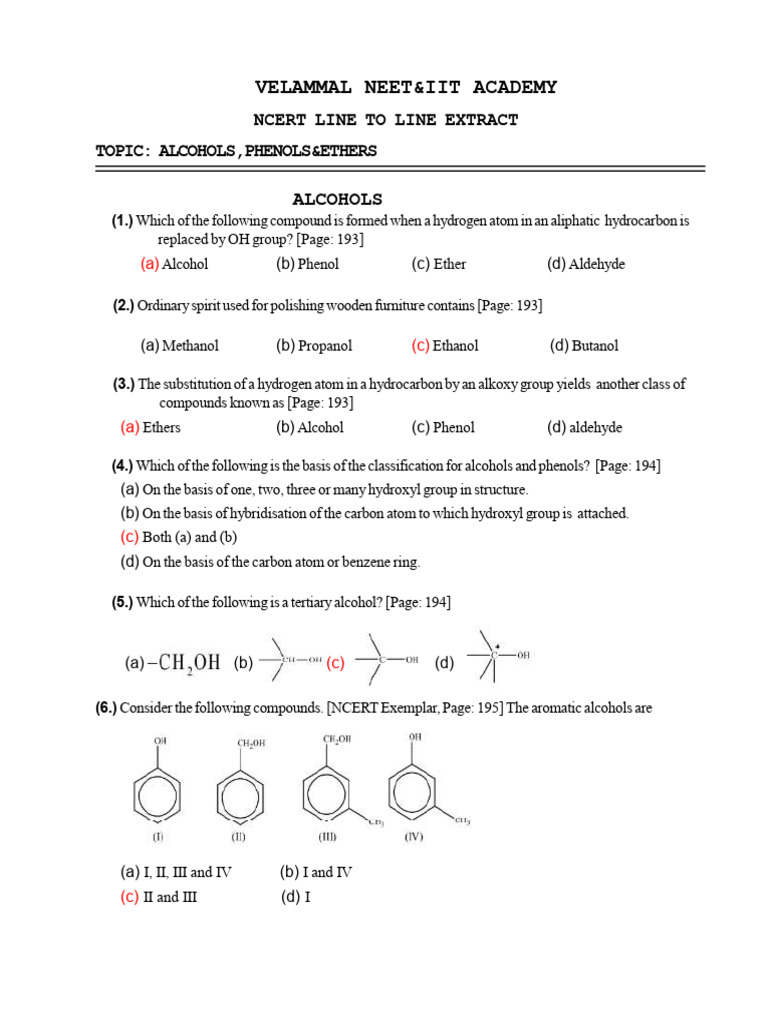 Alcohols, Phenols&Ethers-ib Ncert Line To Line | PDF | Ether | Chemical Reactions