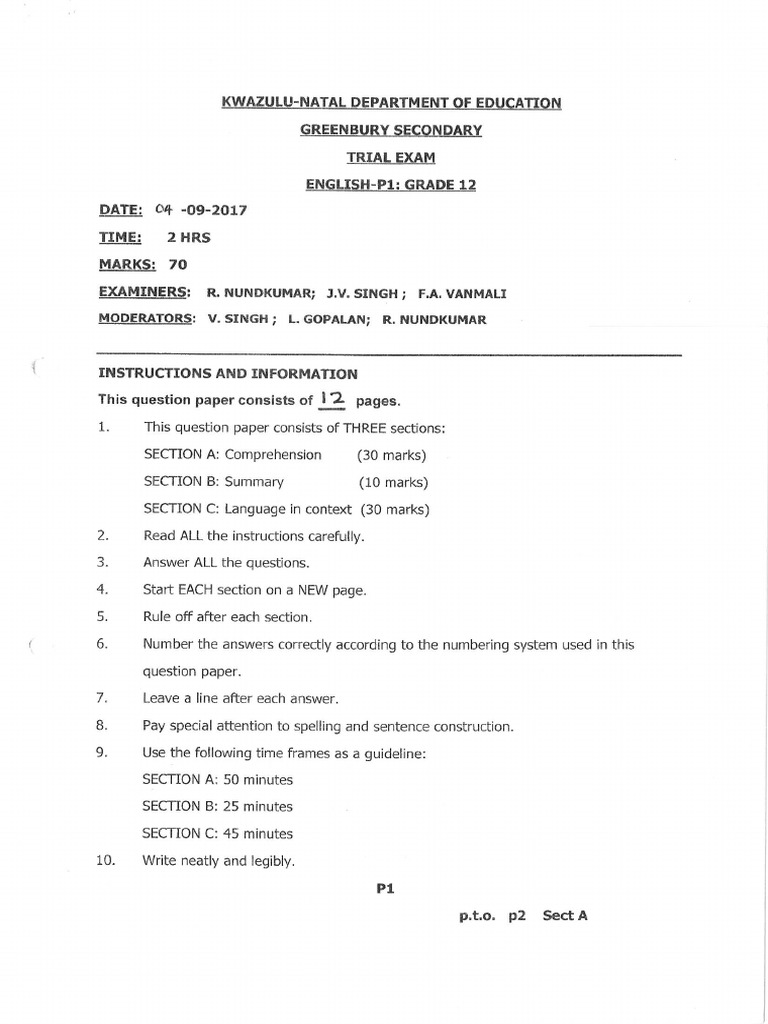 Sept Eng P1 QP Only | PDF