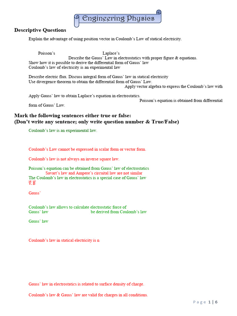 Engineering Physics (Practice Sheet) | PDF | Electrostatics | Electric Field