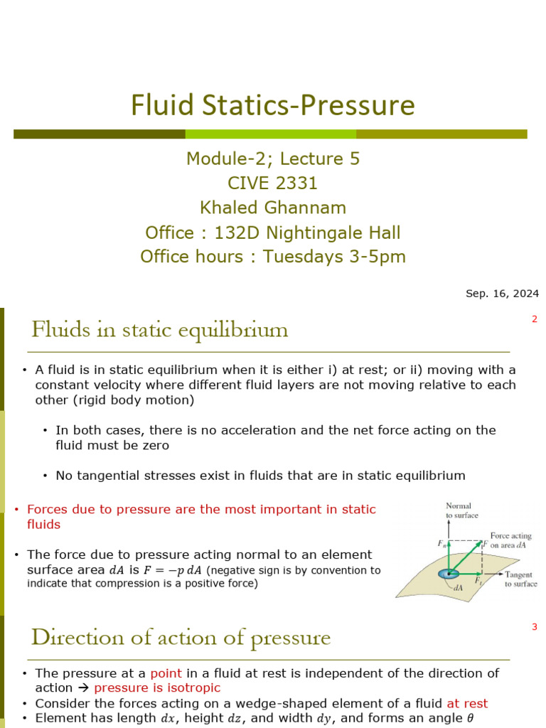 Lecture5-FluidStatics Pressure | PDF | Pressure | Force