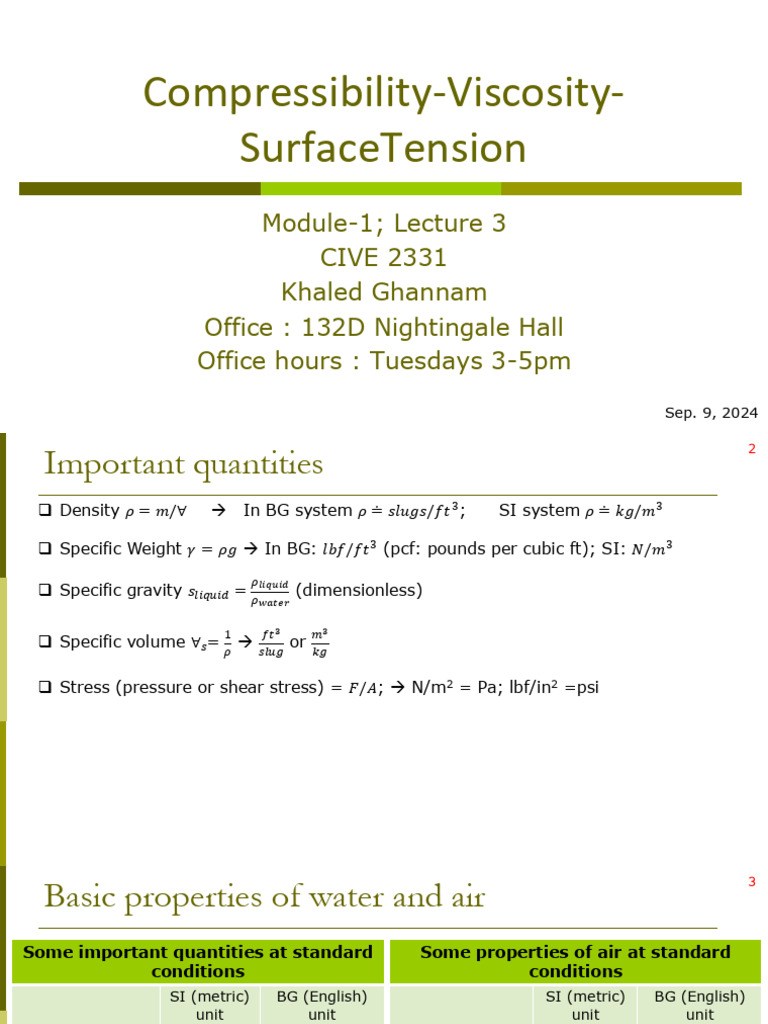 Lecture3-Compressibility-Viscosity-SurfaceTension | PDF | Viscosity | Pressure