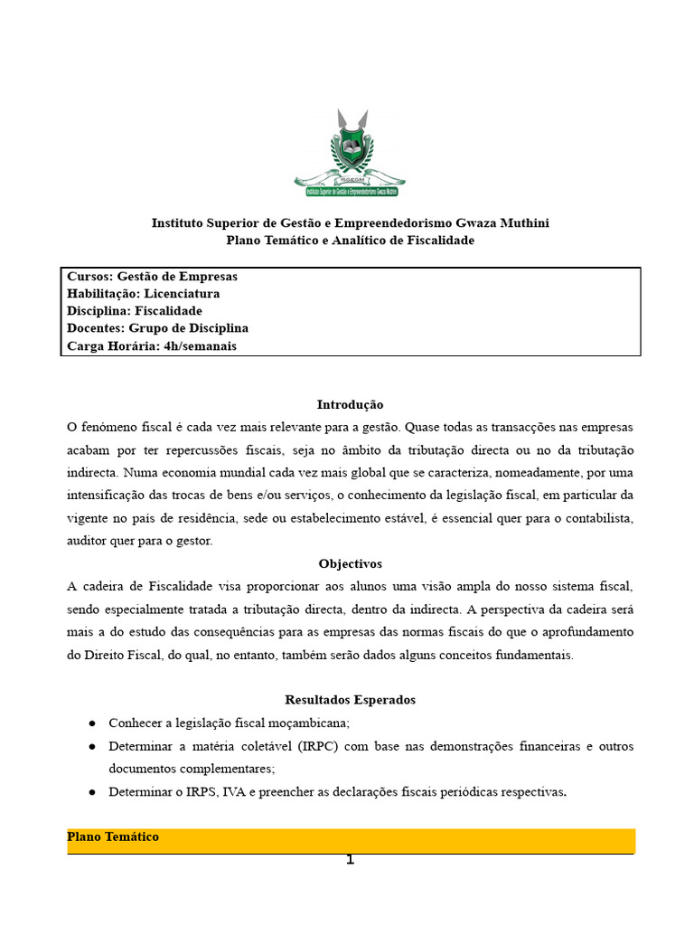 Plano Analitico de Fiscalidade - Isgegm-2024 | PDF | Impostos | Imposto ...