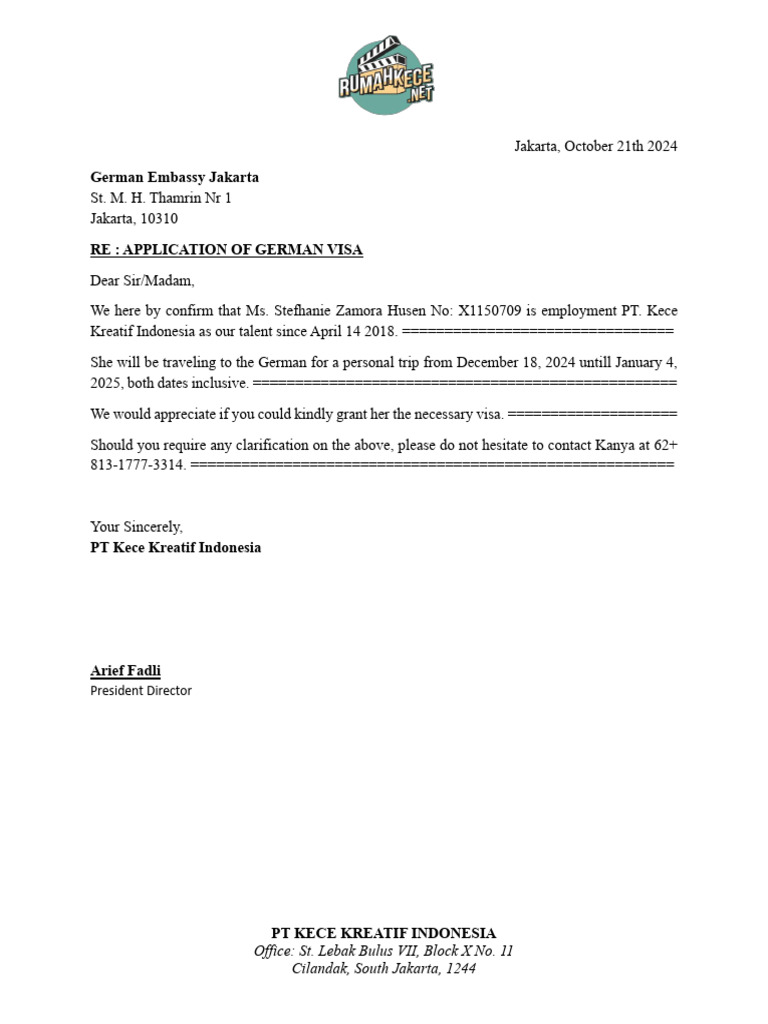 German Visa Letter - Stefanie Zamora | PDF