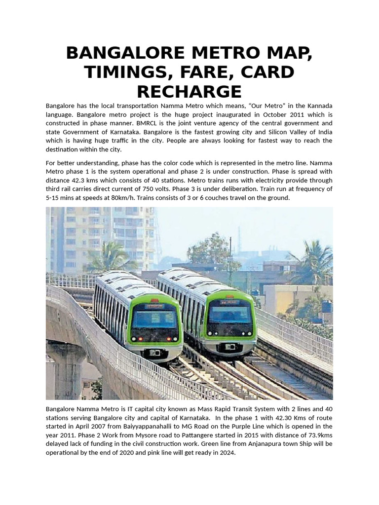 Bangalore Metro: Map, Timings, Fares | PDF | Rapid Transit | Rail Transport