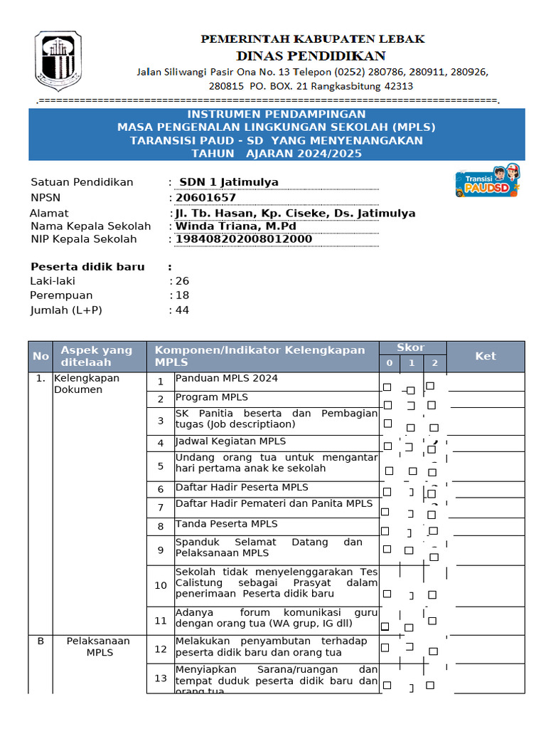 Instrumen Pendampingan MPLS SDN 1 Jatimulya | PDF