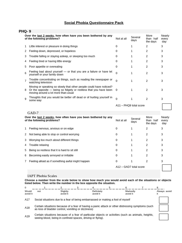 43 Social Phobia Questionnaire Pack | PDF | Fear | Emotions