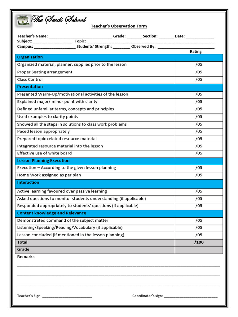 Teacher Observation Feedback Form | PDF | Teachers | Learning