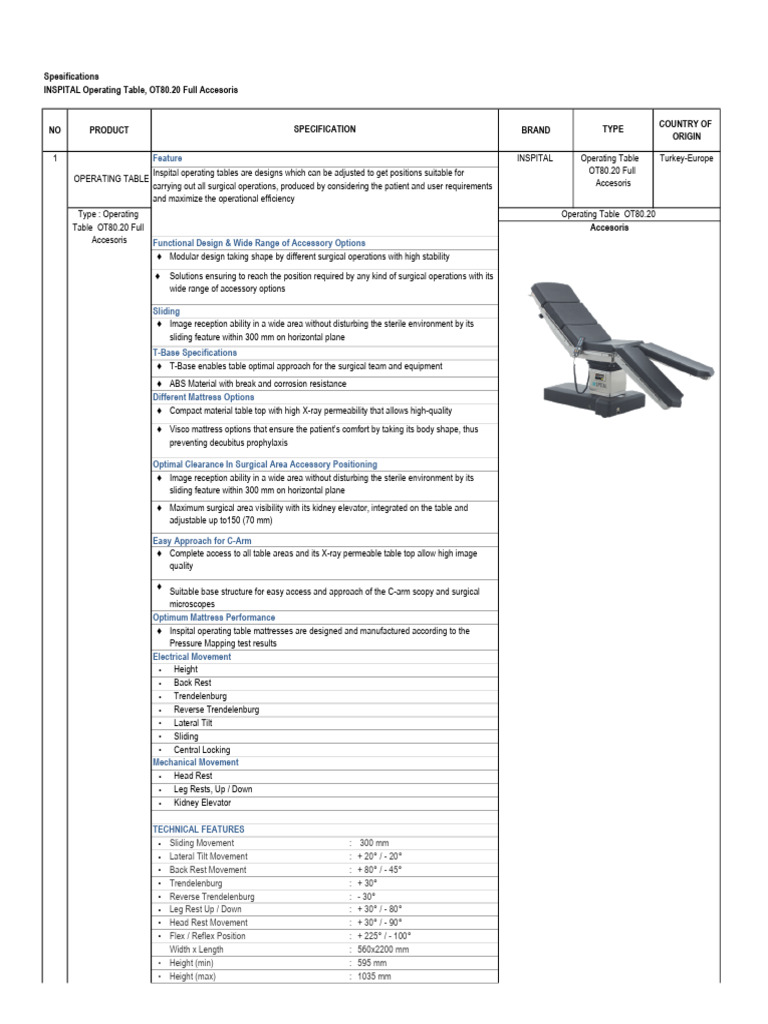 Inspital OT80 Operating Table Specs | PDF