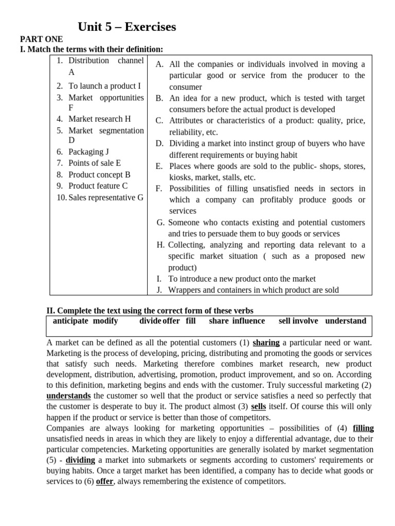 Unit 5 - Exercises to sts | PDF | Marketing | Market (Economics)