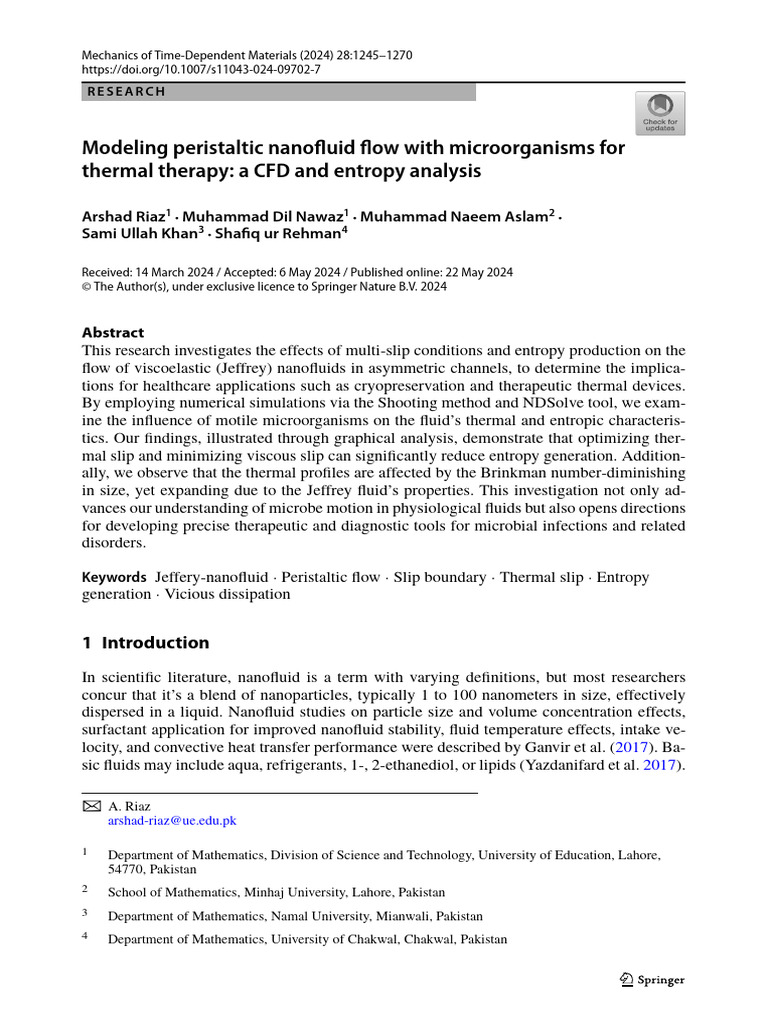 Modeling Peristaltic Nanofluid Flow With Microorganisms For Thermal Therapy: A CFD and Entropy ...