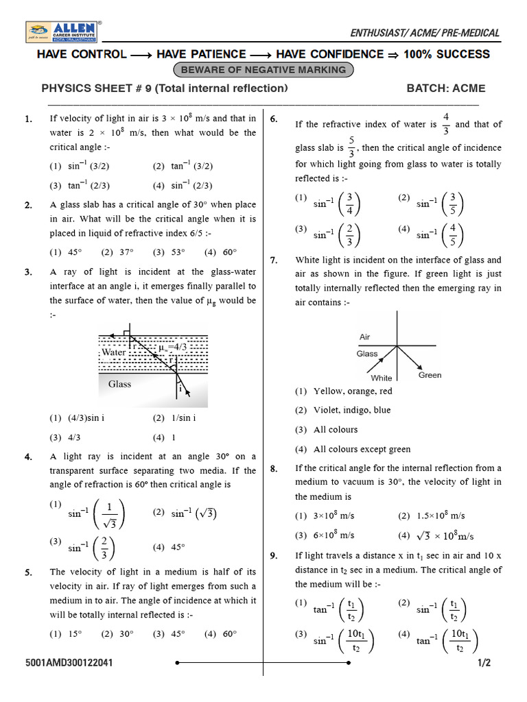 Critical Angles in Light Refraction | PDF | Refraction | Physical Chemistry