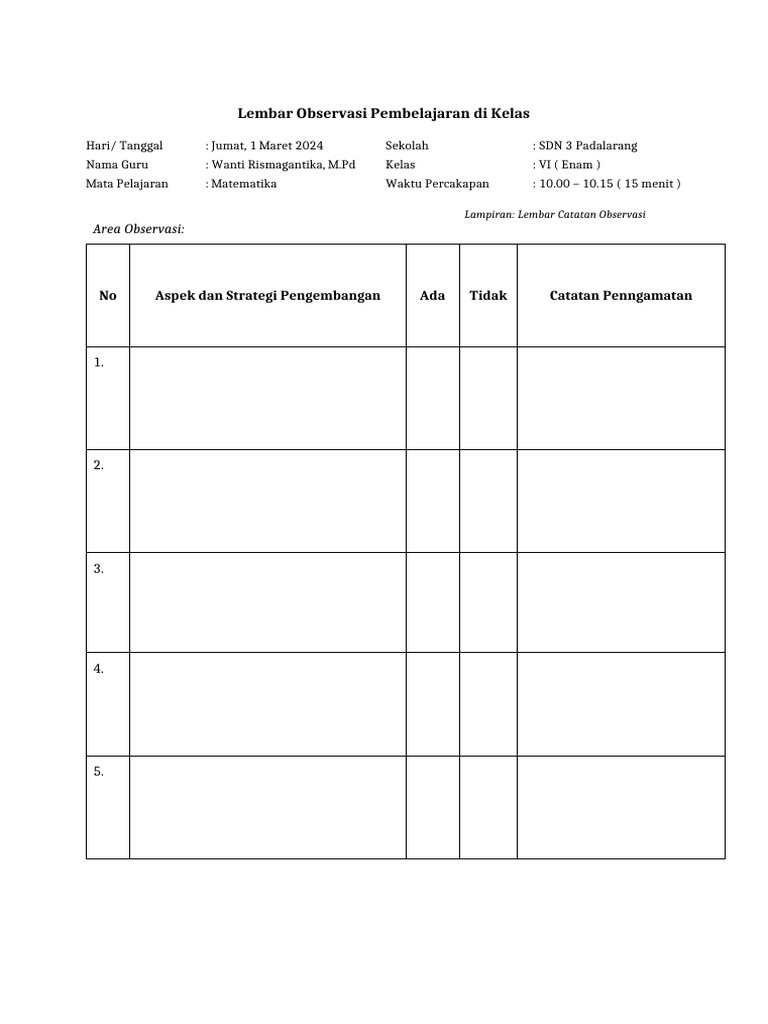 Contoh Lembar Observasi Kelas | PDF