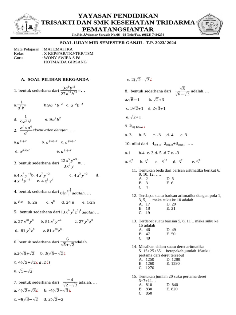 Soal Ujian Mid Semester Wony X 2023 2024 | PDF
