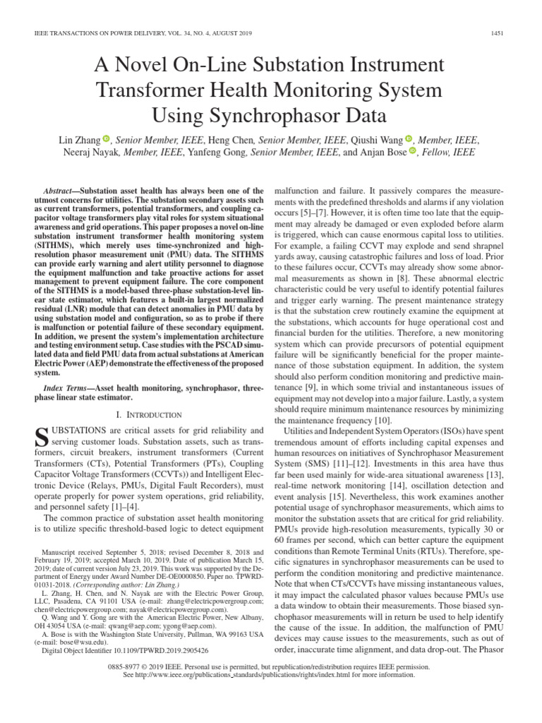 A Novel On-Line Substation Instrument Transformer Health Monitoring System Using Synchrophasor ...