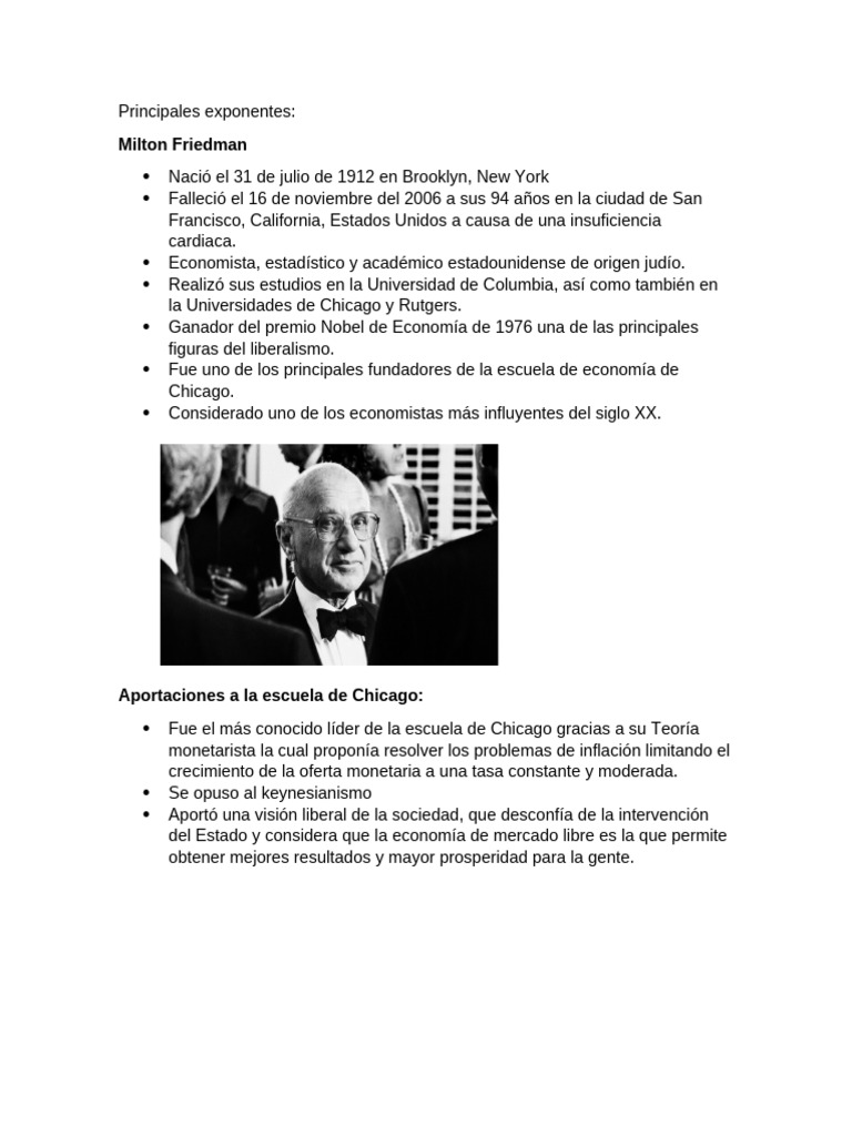 Principales Exponentes Escuela de Chicago | PDF | Milton Friedman ...