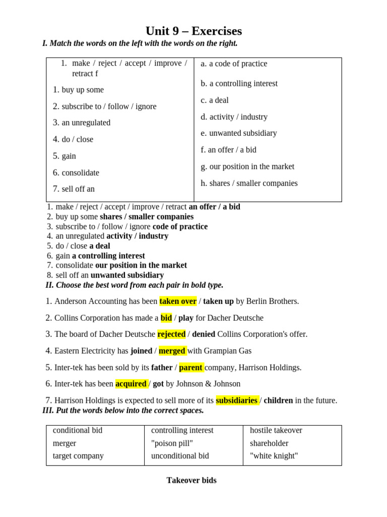 Unit 9 - Exercises to sts | PDF | Takeover | Insurance