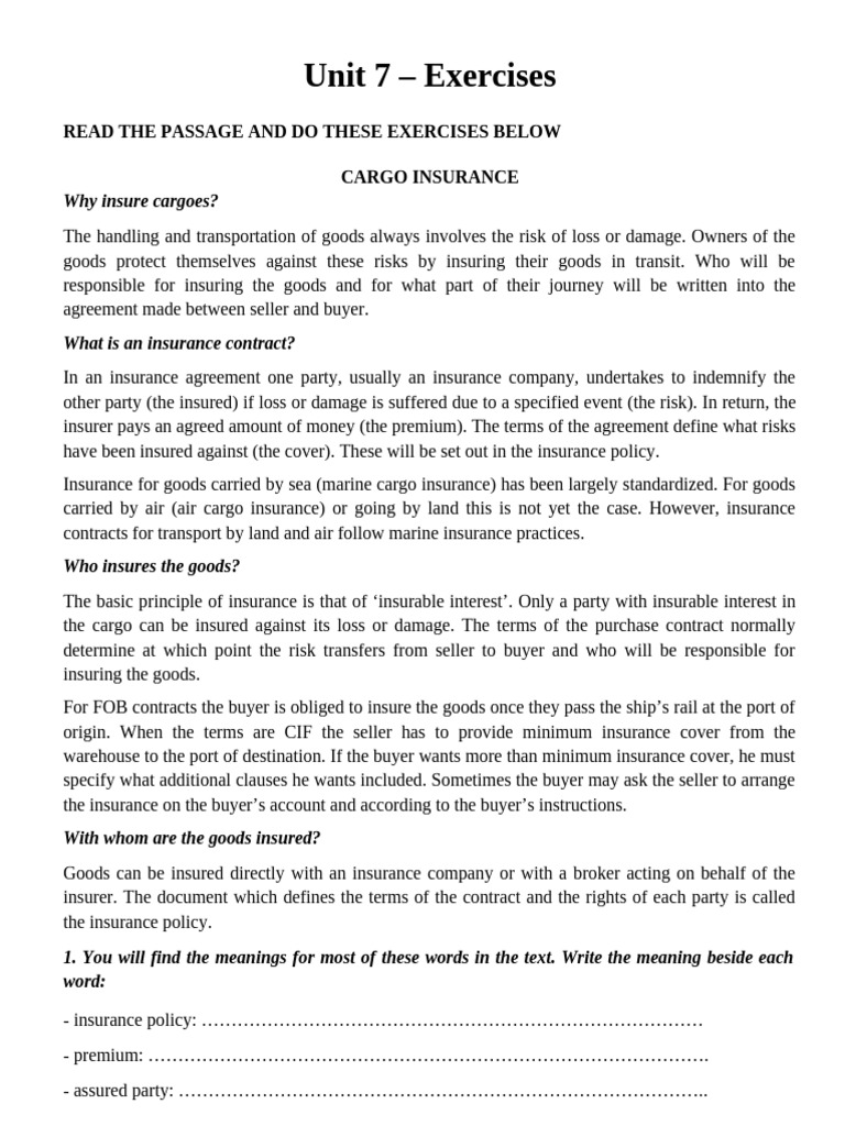 Unit 7 - Exercises - To Sts | PDF | Insurance | Business