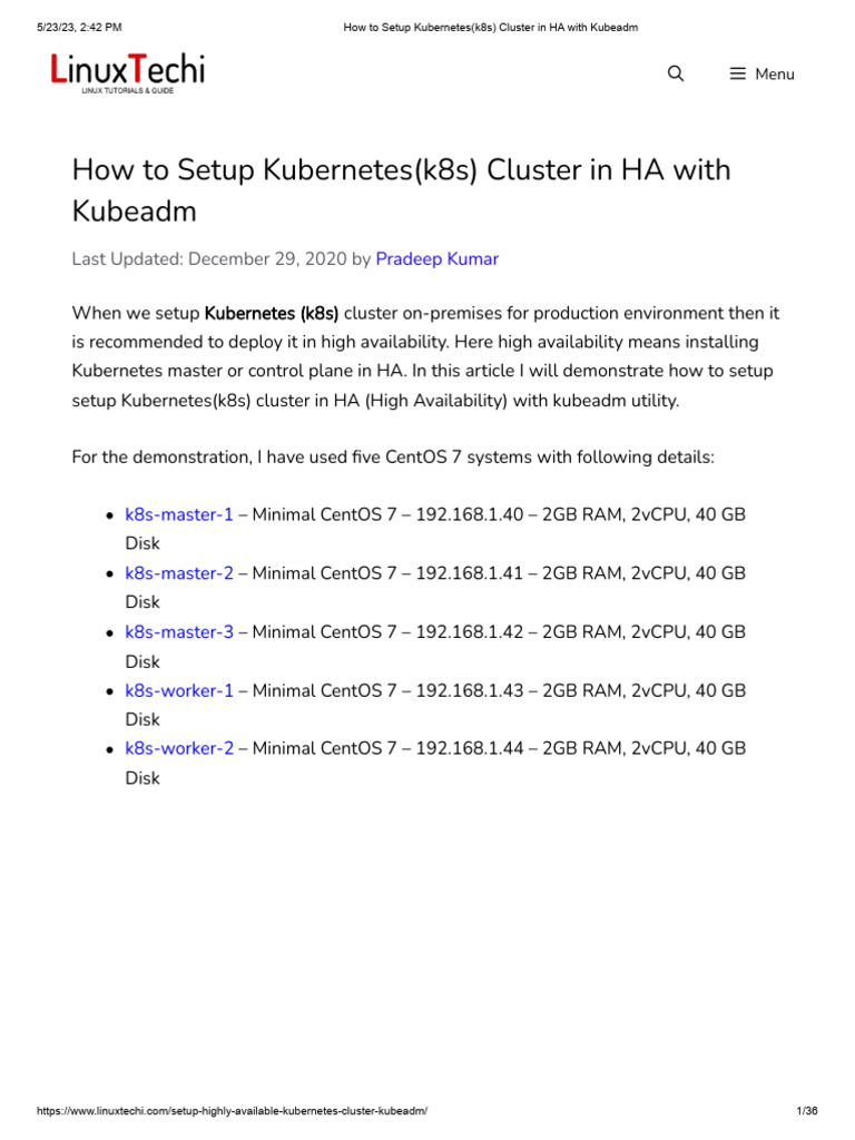 How To Setup Kubernetes (k8s) Cluster in HA With Kubeadm | PDF ...