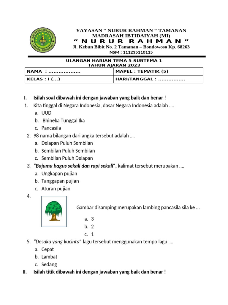 Ulangan Harian 1C Tema 5 | PDF | Olahraga & Rekreasi | Griya & Taman
