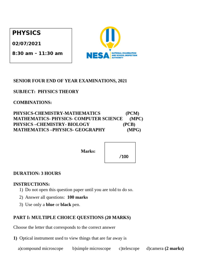 Physics and Practical Exam of The Third Term 2021 For s4 | PDF | Force | Orbit