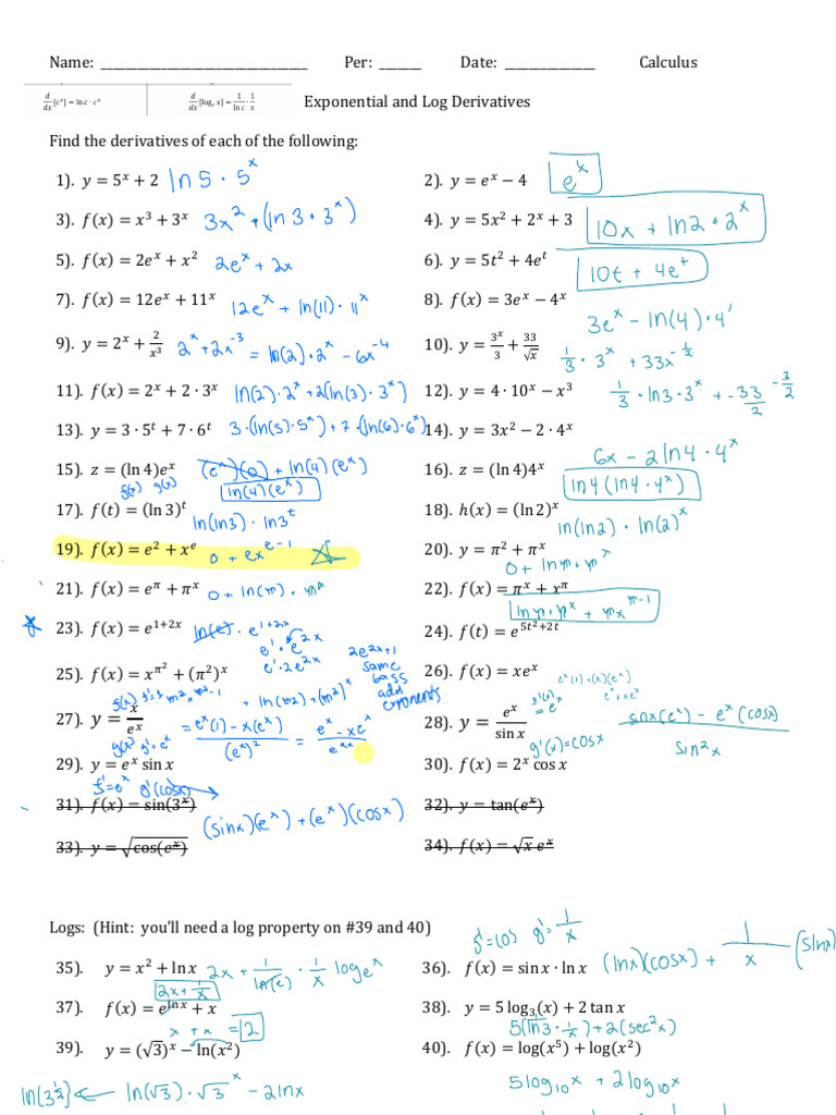Exponential and Log Derivatives | PDF | Mathematical Analysis