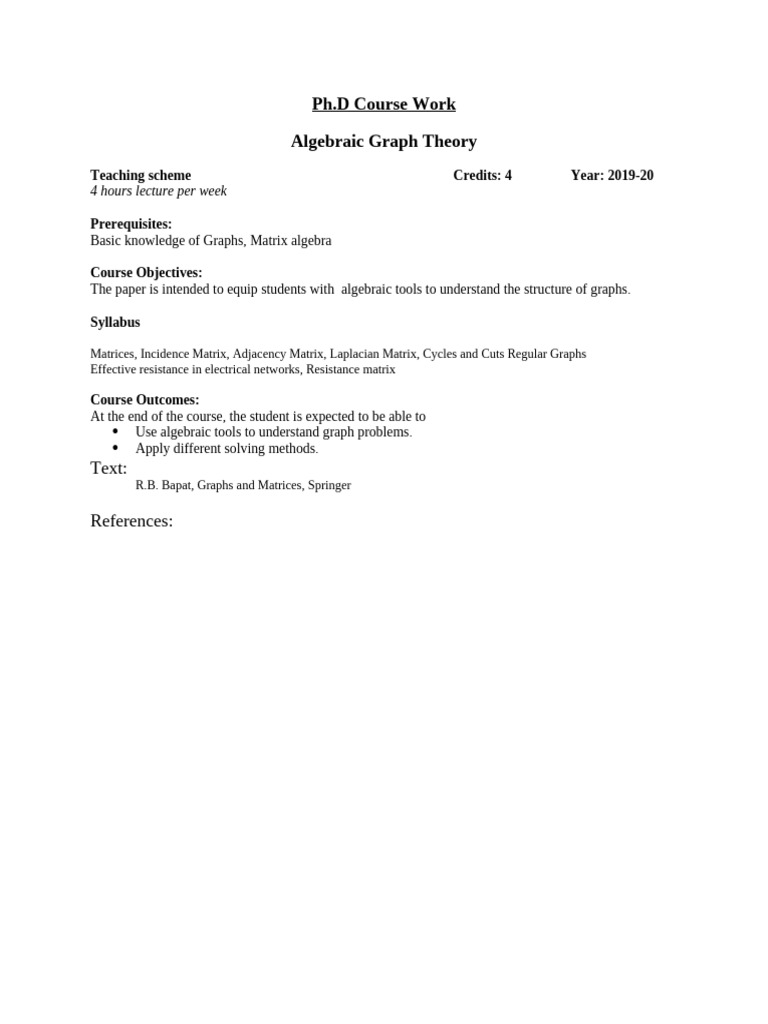 Course Work Syllabus Algebraic Graph Theory | PDF | Matrix (Mathematics) | Graph Theory