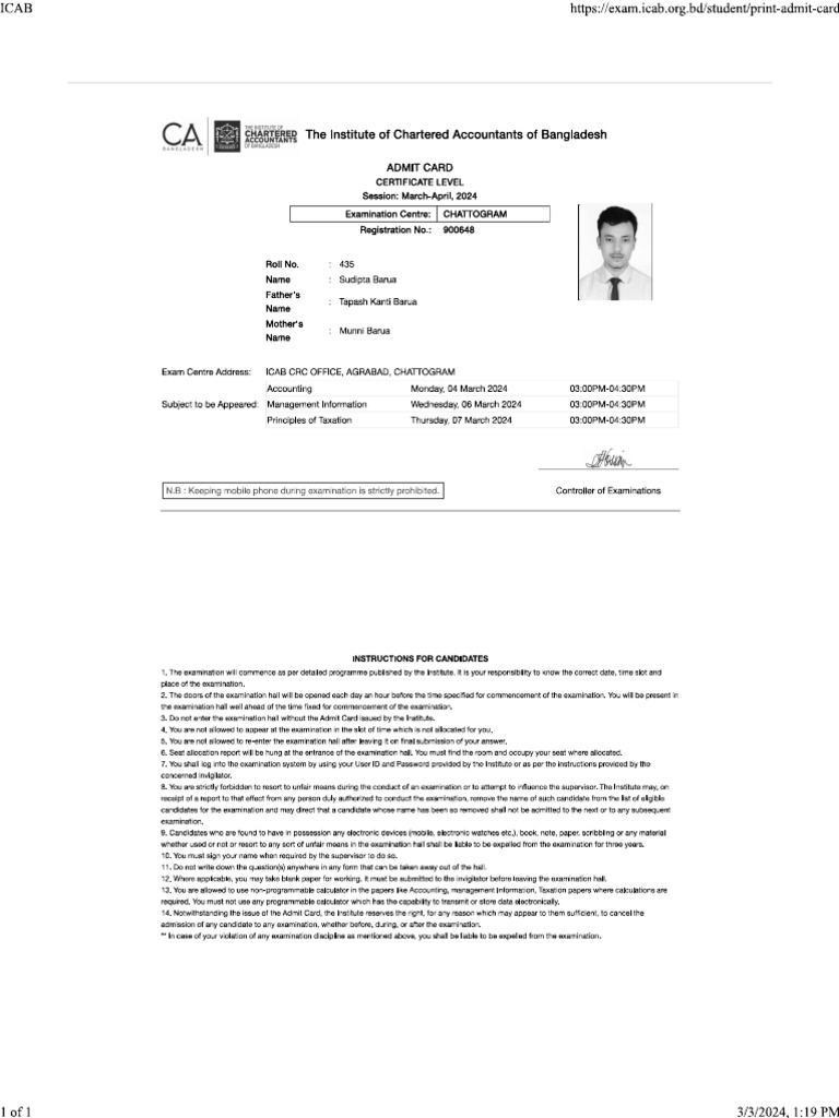 Icab Admit Card | PDF