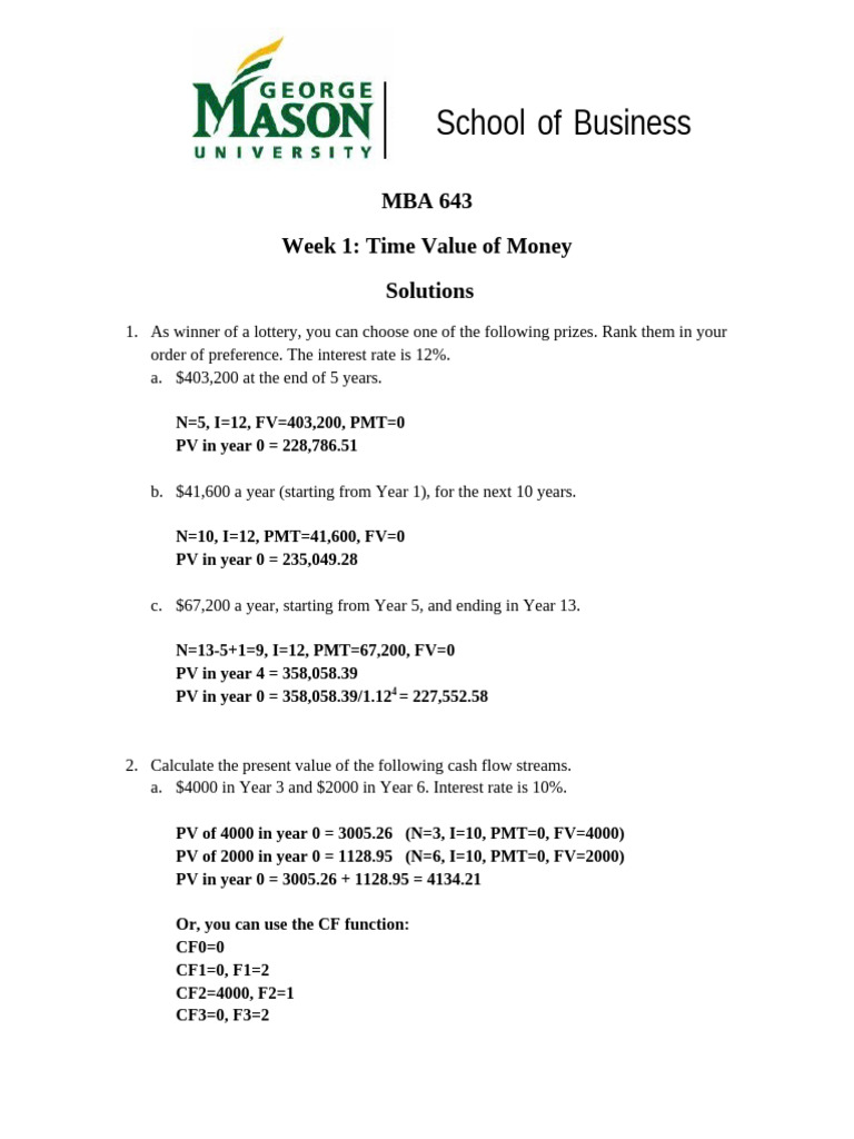 Week 1 Problem Set (Solutions) | PDF | Present Value | Debt